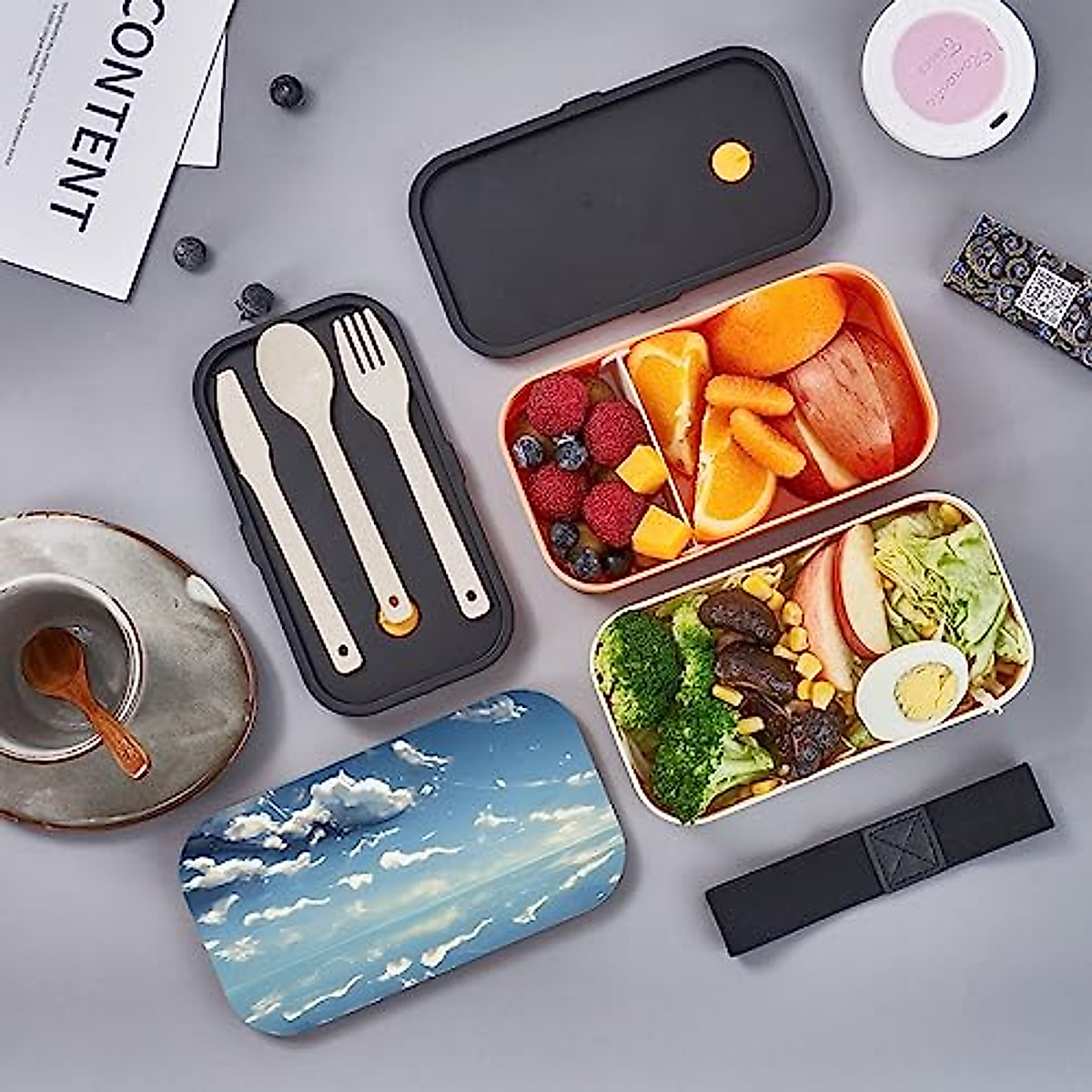 Blue Sky And White Clouds Adult Lunch Box, Bento Box, With Cutlery Set Of 3, 2 Compartments, Rectangular, Lunch Box For Adults