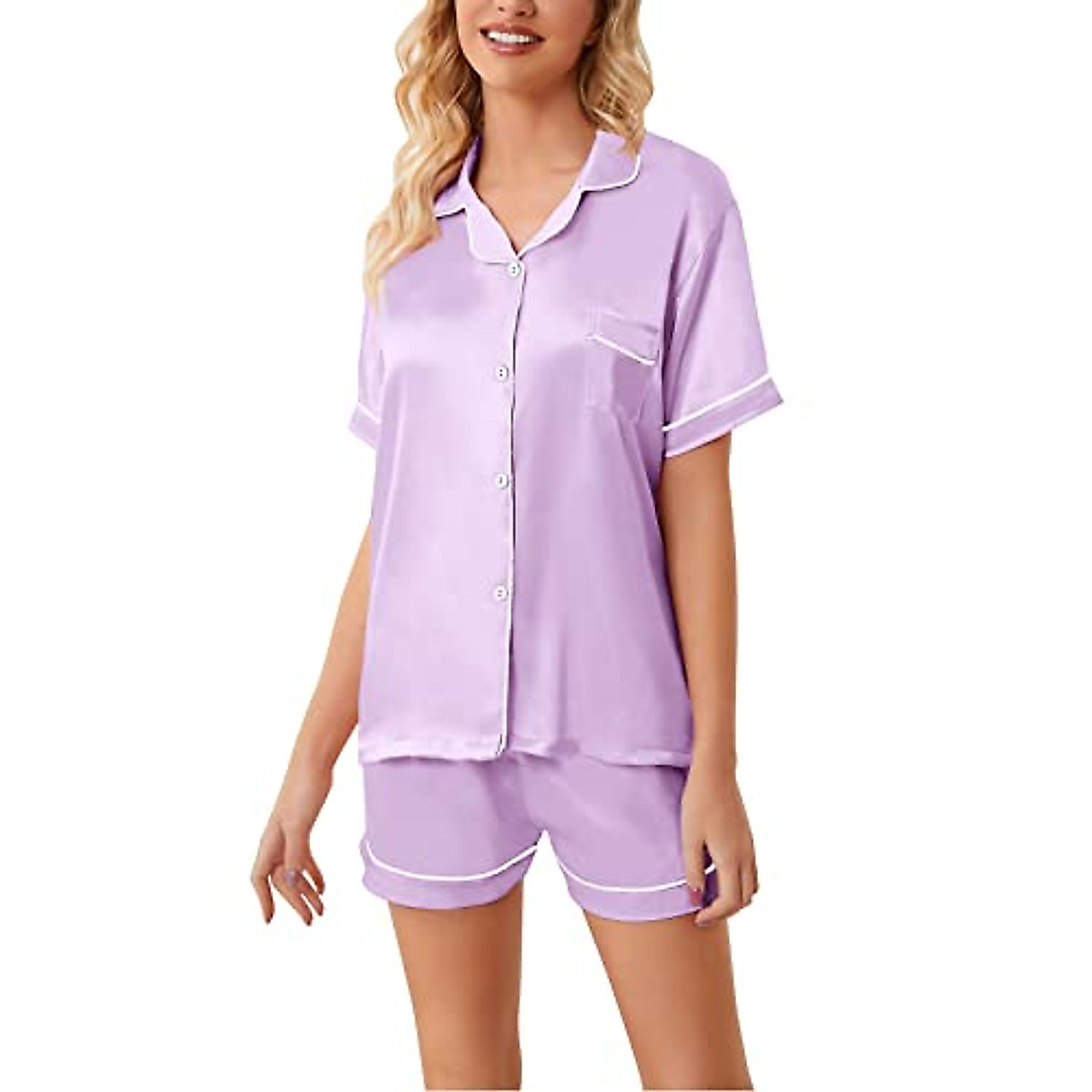 Silk Pjs for Women Set, Cute Silky Matching 2 Pcs Comfy Nightwear Button Down Sexy Soft Satin Summer Pj Short Set, D Lavender, X-Small