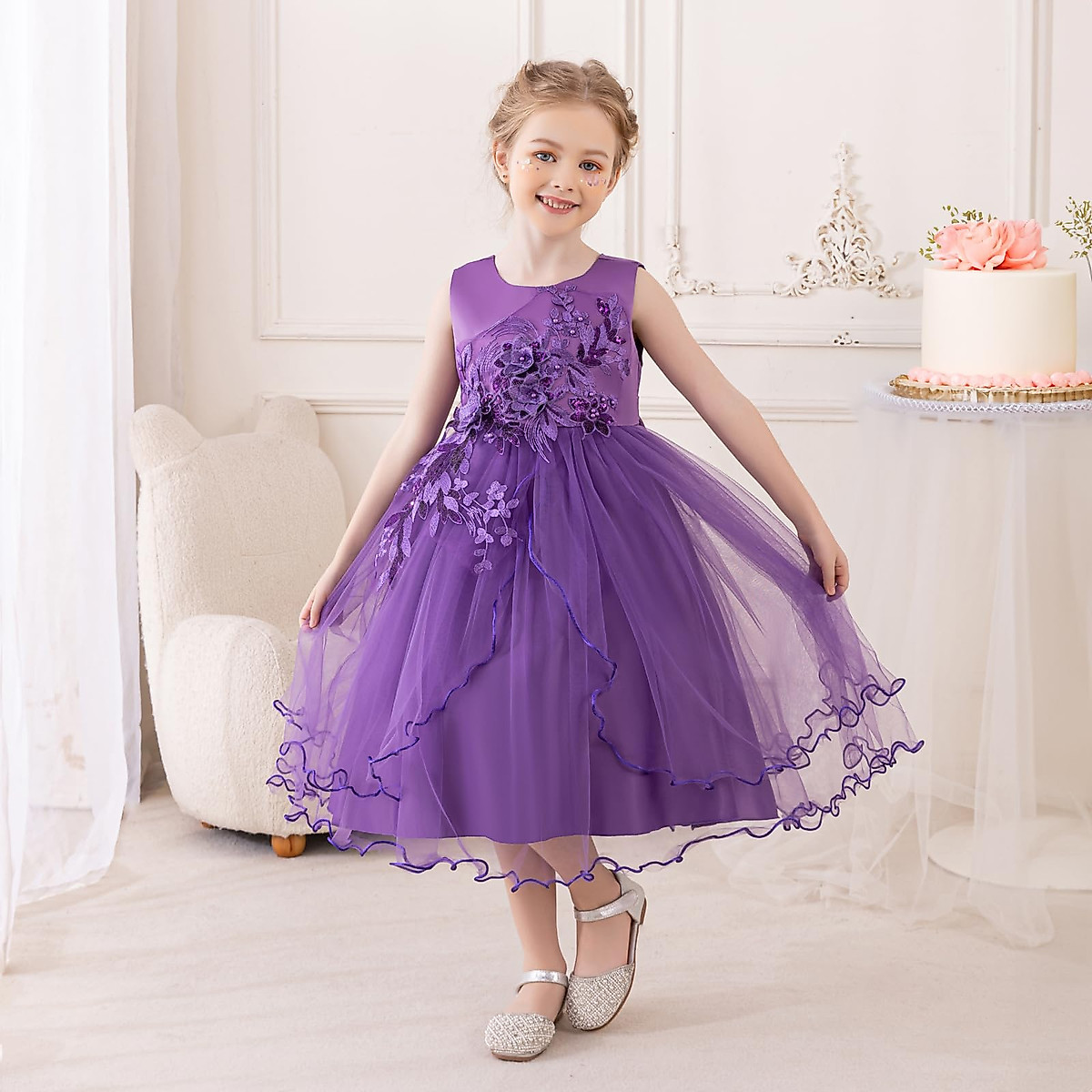 LENEFU Baby Girl Princess Bridesmaid Pageant Gown Birthday Party Wedding Dress Sleeveless Party Dresses Girl Clothes (Purple 140)