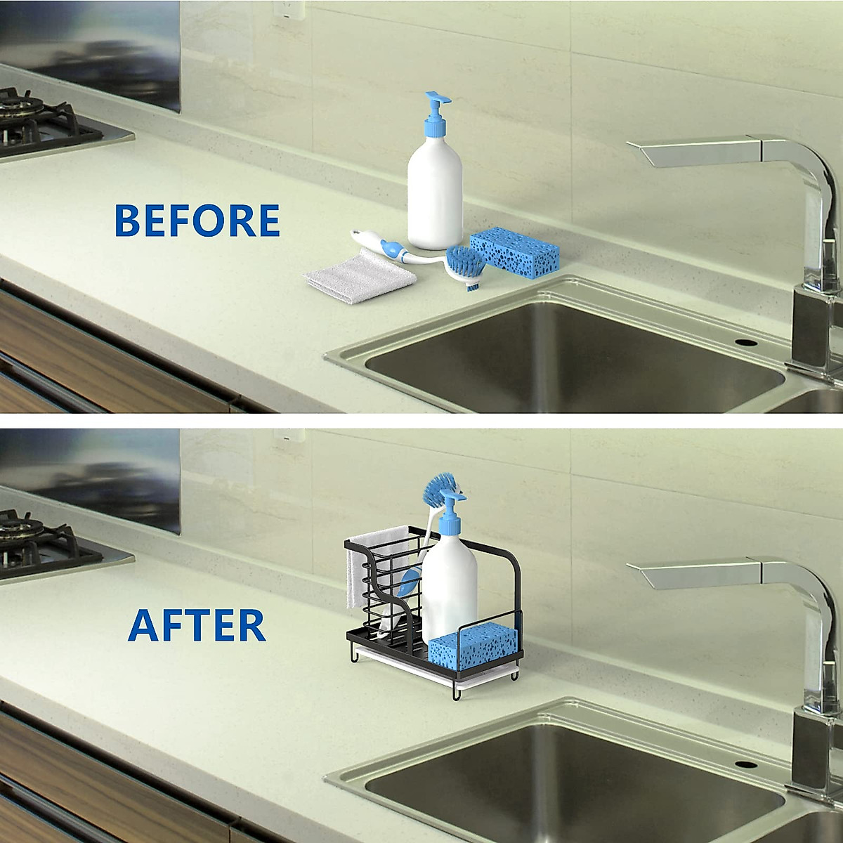 Kitchen Sink Caddy Counter Organizer 304 Stainless Steel Sponge Holder with Drain Pan, Black