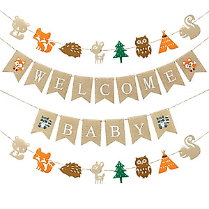 Woodlands Baby Shower Decorations Woodland Boy Baby Shower Banners, 1 Welcome Little Baby Banner, 2 Woodland Creatures Banners Deer Forest Animal Friends Garland Baby Shower Birthday Party Decor