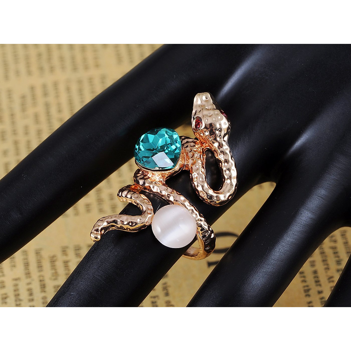 Rose Golden Tone Blue Teardrop Rhinestone Enhanced Slither Snake Statement Ring
