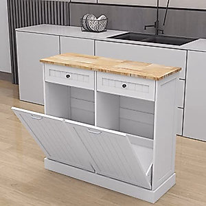 OQSC Double Tilt Out Trash Cabinet with 2 Drawers Wooden Free Standing Laundry Sorter Cabinet Kitchen Recycling Trash Can Bin Holder Cabinet with Storage (White)