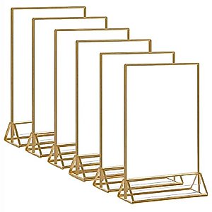 HIIMIEI Acrylic Gold Sign Holder, 5x7 Gold Acrylic Picture Frames Clear Double Sided Menu Holder for Wedding Table Number 6 Pack