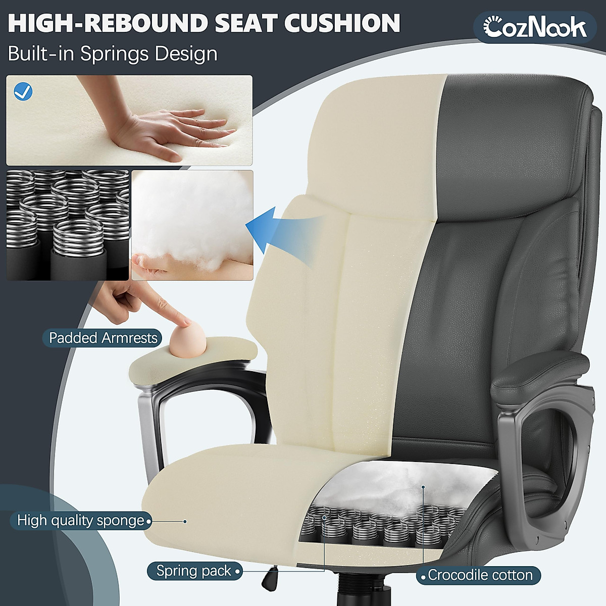 CozNook Ergonomic Executive Office Chair, Leather Desk Chair Comfy, Big and Tall Office Chair with Wheels,Lumbar Support and Padded Arms,Swivel Wide Computer Chair (Grey)