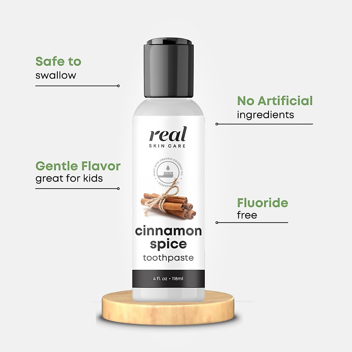 Real Skin Care Coconut Toothpaste | Handmade in The USA | Cinnamon Spice | All Natural Organic Fluoride Free Toothpaste for Healthy Smiles | Flavored Toothpaste for Adults & Kids with Essential Oils