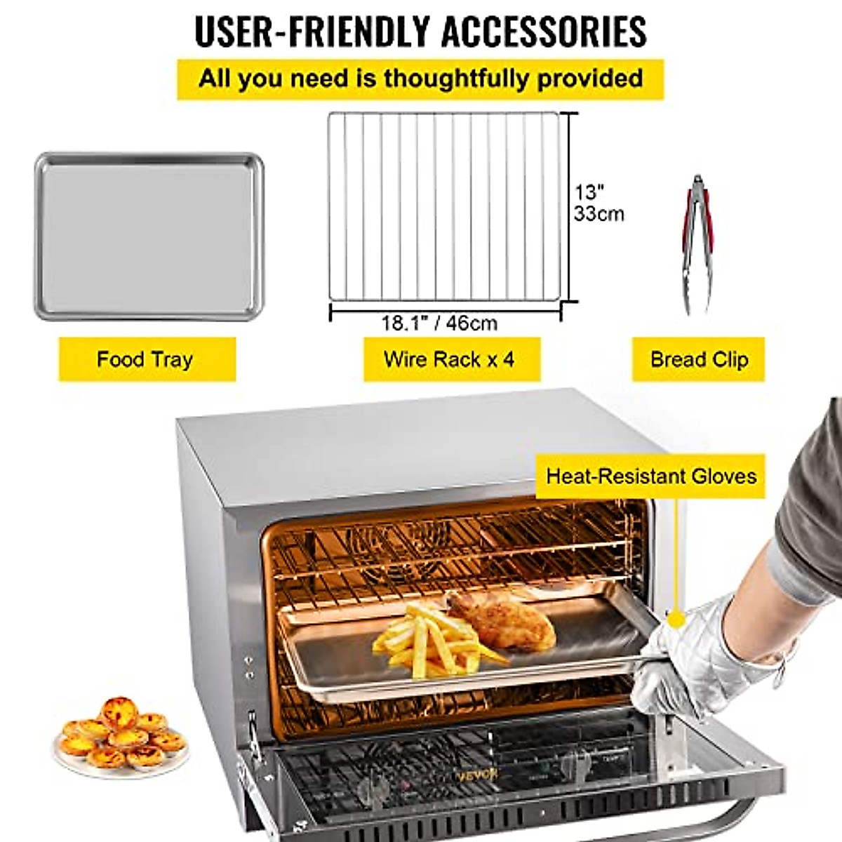VEVOR Commercial Convection Oven, 66L/60Qt, Half-Size Conventional Oven Countertop, 1800W 4-Tier Toaster w/ Front Glass Door, Electric Baking Oven w/ Trays Wire Racks Clip Gloves, 120V