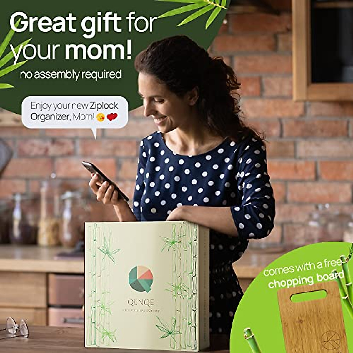 Qenqe Bamboo Ziplock Bag Storage Organizer, Ziplock Bag Holder for Kitchen Drawer, Dispenser for Variety Size Bags, Cute Kitchen Accessories