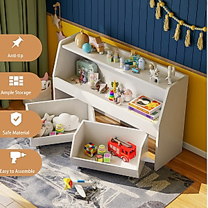 COZPAW Toy Storage Organizer with Movable Drawers, Toys Organizer and Storage for Kids, Toddlers Toy Storage Cabinet, Kids Bookshelf for Playroom Nursery Bedroom Living Room, 2 Tier White