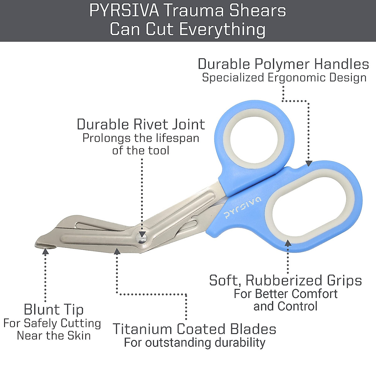 Professional-Grade Emergency Trauma Shears by PYRSIVA MEDICAL | Durable Titanized Blades, Rubberized Grips | For Nurses, EMTs, paramedics, physicians and vets