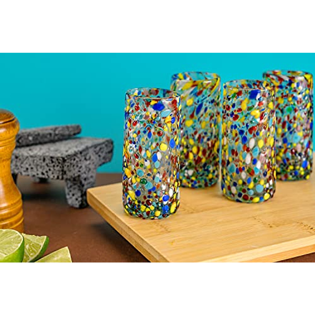 MEXTEQUIL - Authentic Mexican Tequila Shot Glasses - Tequila Set of shot glasses - 4 pcs - 2 Oz - Mexican Hand Blown Shot Glass (Confetti)
