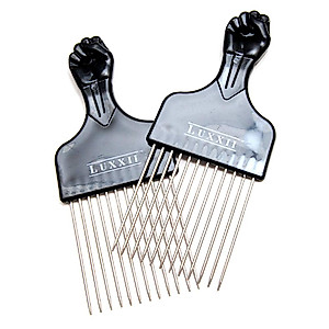 LUXXII (2 Pack) 6.75" Black Fist Metal Afro Pick Lift Hair Comb Detangle Wig Braid Hair Man Styling Comb