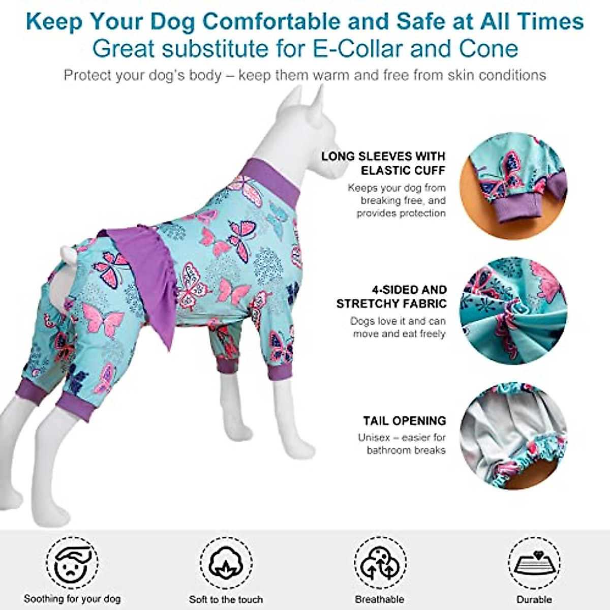 LovinPet Dog Pajamas Extra Large Size Dog - Post Surgery Comfort Pajamas, Lightweight Stretchy Fabric, Navy Butterfly Wings Print, Large Dog Pajamas, Undershirt for Dog Dresses,Pink M