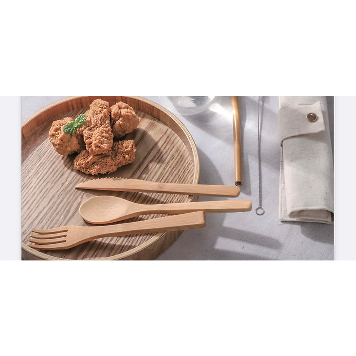 JapanBargain 3785, Bamboo Fork Knife Spoon Cutlery Utensils Flatware Set 3pc Reusable Dishwasher Safe, 8-inch, 1 Set