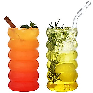 ALINK Ribbed Drinking Glass Cups with Straws Set of 4, 16 oz Aesthetic Iced Coffee Glasses, Wave Bubble Glasses Tumbler, Ripple Glassware, Beer Glasses for Coctail, Milk, Soda, Gift with Brush