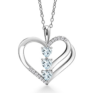 Gem Stone King 925 Sterling Silver Sky Blue Aquamarine and White Moissanite 3-Stone Pendant Necklace For Women (0.85 Cttw, Gemstone March Birthstone, Heart Shape 4MM, with 18 Inch Silver Chain)