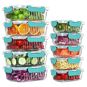 KOMUEE 10 Packs Glass Meal Prep Containers with Lids, Glass Food Storage Containers Set, Airtight Lunch Containers, Microwave, Oven, Freezer and Dishwasher Safe, Green