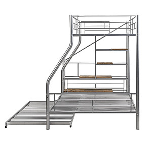 Bellemave Twin Over Full Metal Bunk Beds with Trundle and Storage Staircase,Heavy-Duty Metal Bunk Bed Frame for Kids,Teens,Adults，Space-Saving,Silver