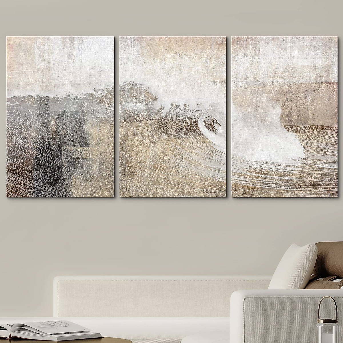 wall26 Canvas Print Wall Art Set Gray & Tan Color Block Ocean Wave Overlay Nature Wilderness Digital Art Modern Art Rustic Scenic Colorful for Living Room, Bedroom, Office - 16"x24"x3 Panels