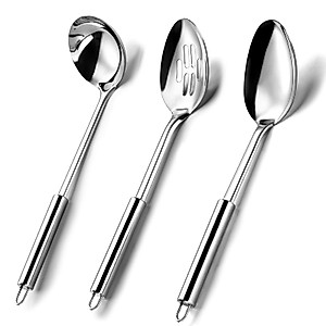 Pleafind Serving Utensils Set for Parties,3-Piece Silver Stainless Steel utensils set,Includes 1 Serving Spoon, 1 Slotted Spoon and 1 Soup Ladle,Serving Spoons for Buffet