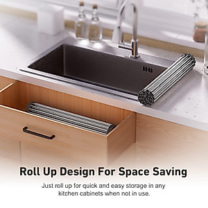 EMBATHER Roll Up Dish Drying Rack Over The Sink, 20.8'' x 18.1'' Dish Drying Rack for Kitchen Counter, Multipurpose Silicone Wrapped Foldable Kitchen Drainer Rack, Anti-Slip, Black