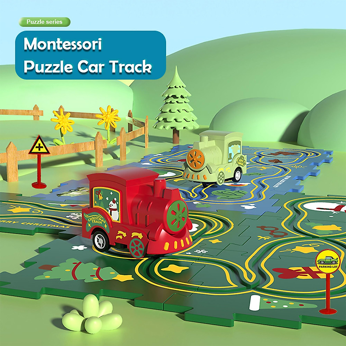 25PCS Puzzle Car Tracks with Vehicles,Puzzle Track Play Set for Toddlers Rail Car Building Toys Gifts for 3+ Years Kids Educational Montessori Toys