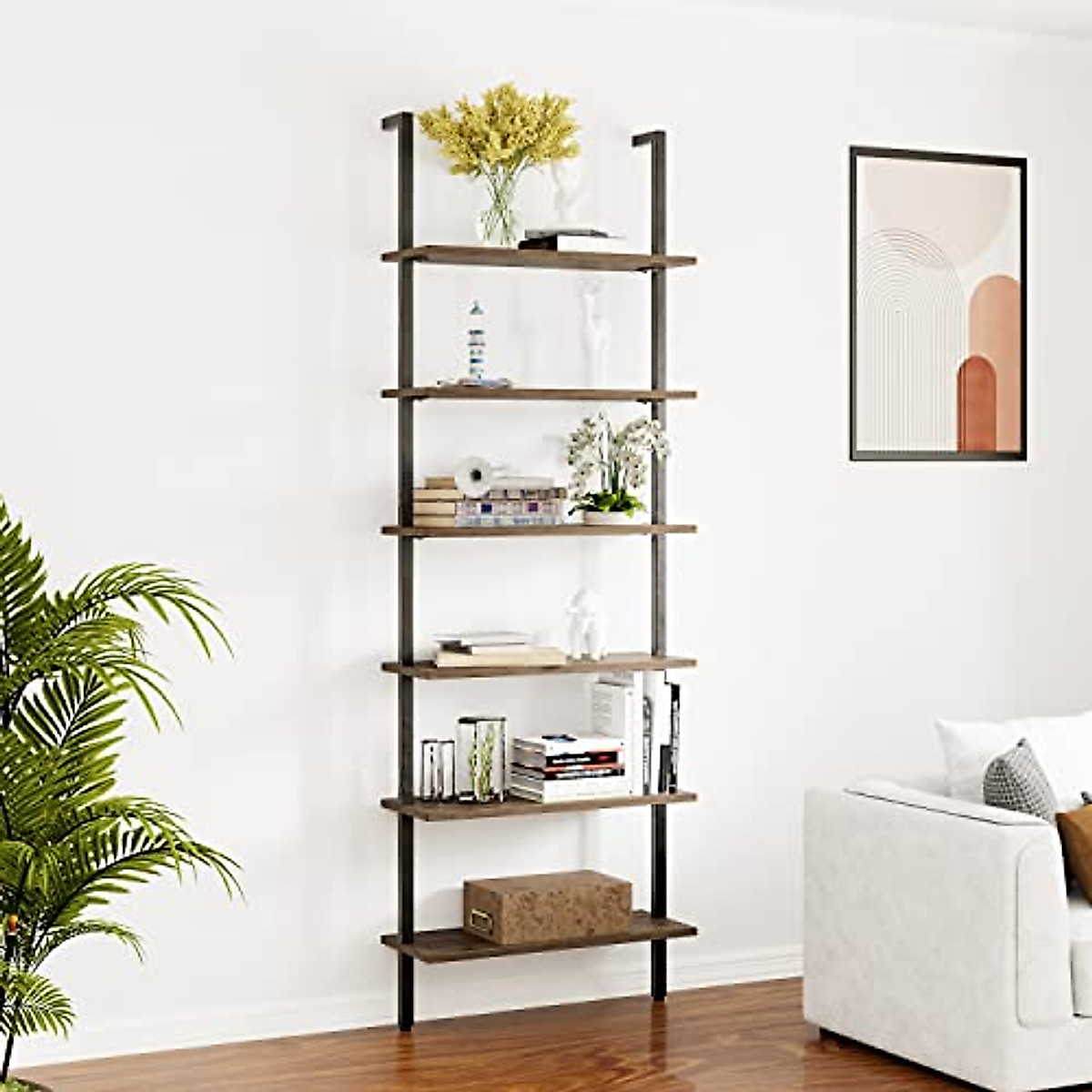 Wolawu Ladder Shelf Black 6 Tiers Modern Bookshelf Room Organizer Open Tall Wall Mount Bookcase Standing Leaning Wall Shelves Industrial Decorative Living Room Bed Room