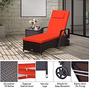 Tangkula Patio Wicker Chaise Lounge Chair with Wheels, Adjustable Rattan Reclining Chair with Armrests & Cushions, Red & Off White Cover, Outdoor Recliner Chair for Pool Deck Beach Backyard (1, Brown)