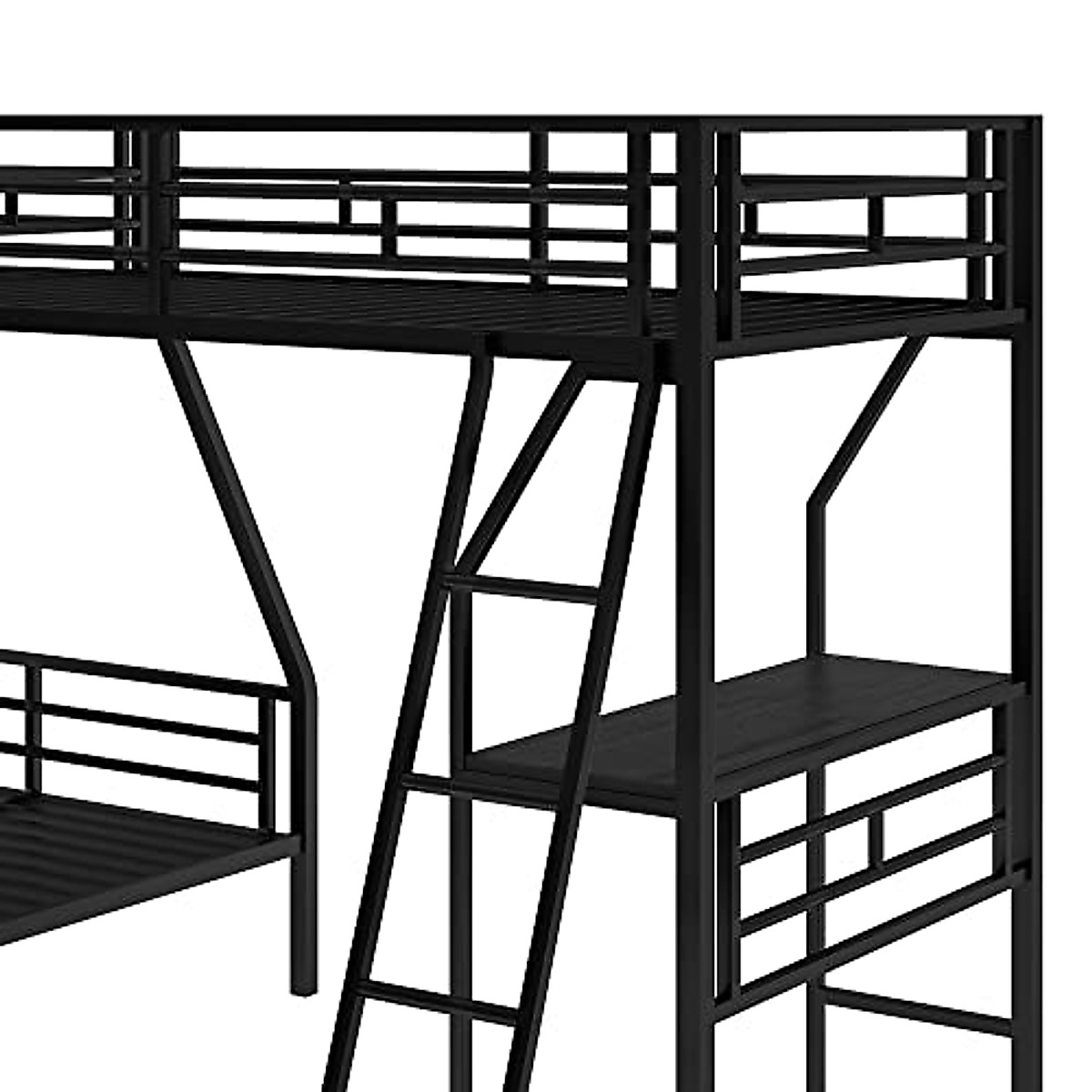 OPTOUGH Twin Over Full Bunk Bed with a Twin Size Loft Bed Attached, L-Shaped Triple Metal Bed for Three Kids with a Desk and 2 Ladders, Black
