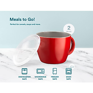 KooK Soup Mugs, Soup Cups with Lid, Microwavable Soup Bowl with Handles, Ceramic with Plastic Lid, for Overnight Oats, Travel Cups, Oversized Coffee Mug, Cereal, 25 Oz, Set of 2, Cherry/Grey