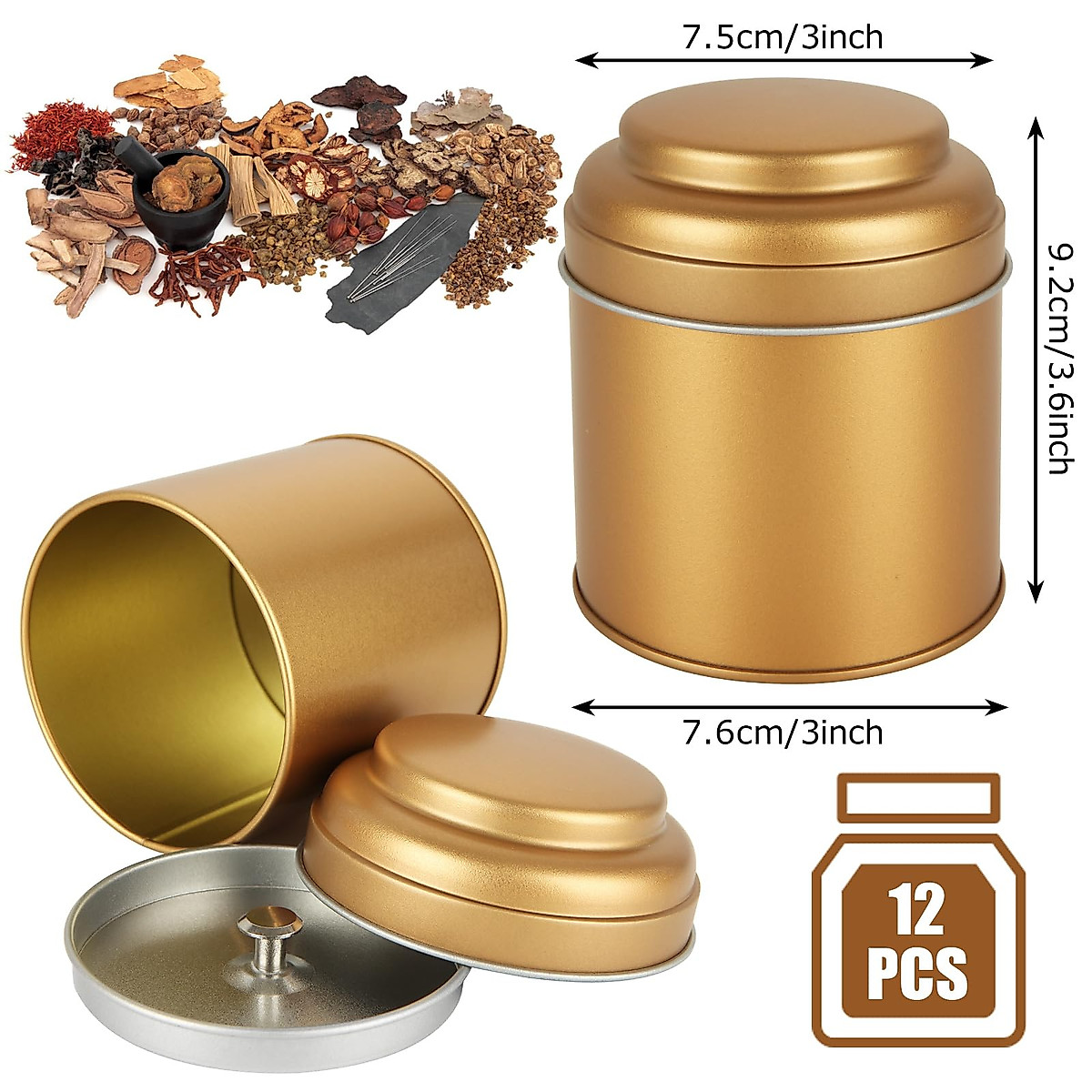 Oungy 12 PCS Small Tea Tin Canisters with Airtight Double Lids 8 OZ Loose Leaf Tea Storage Tea Containers Round Tin Can Box for Loose Tea Spices Cube Sugar