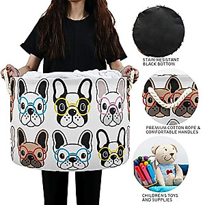 ALAZA Round Storage Basket Bin Cute Glasses French Bulldog Collapsible Waterproof Laundry Hamper Baby Nursery Basket Organizer with Handles for Bedroom Closet Toys Gifts
