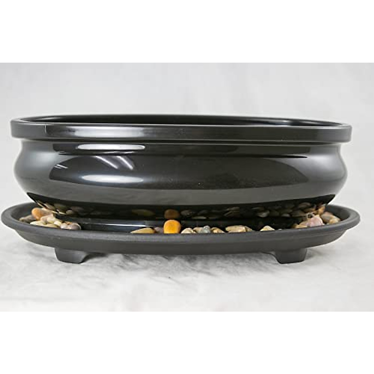 Calibonsai 9'' Oval Heavy Duty Black Plastic Bonsai Training Pot, Cactus & Succulent Planter + Tray + Rock + Mesh Combo