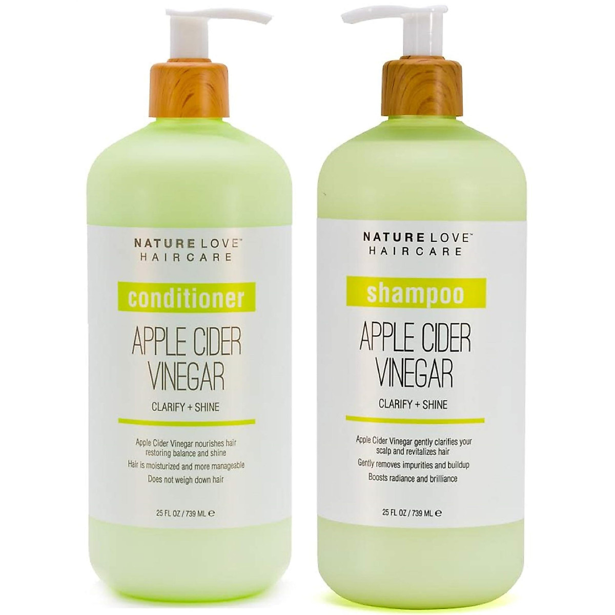 Nature Love Apple Cider Vinegar Shampoo and Conditioner Duo | Clarify + Shine | Revitalize Hair and Scalp | Purifies Without Stripping | Paraben Free, Cruelty Free, Made in USA (25 oz each)