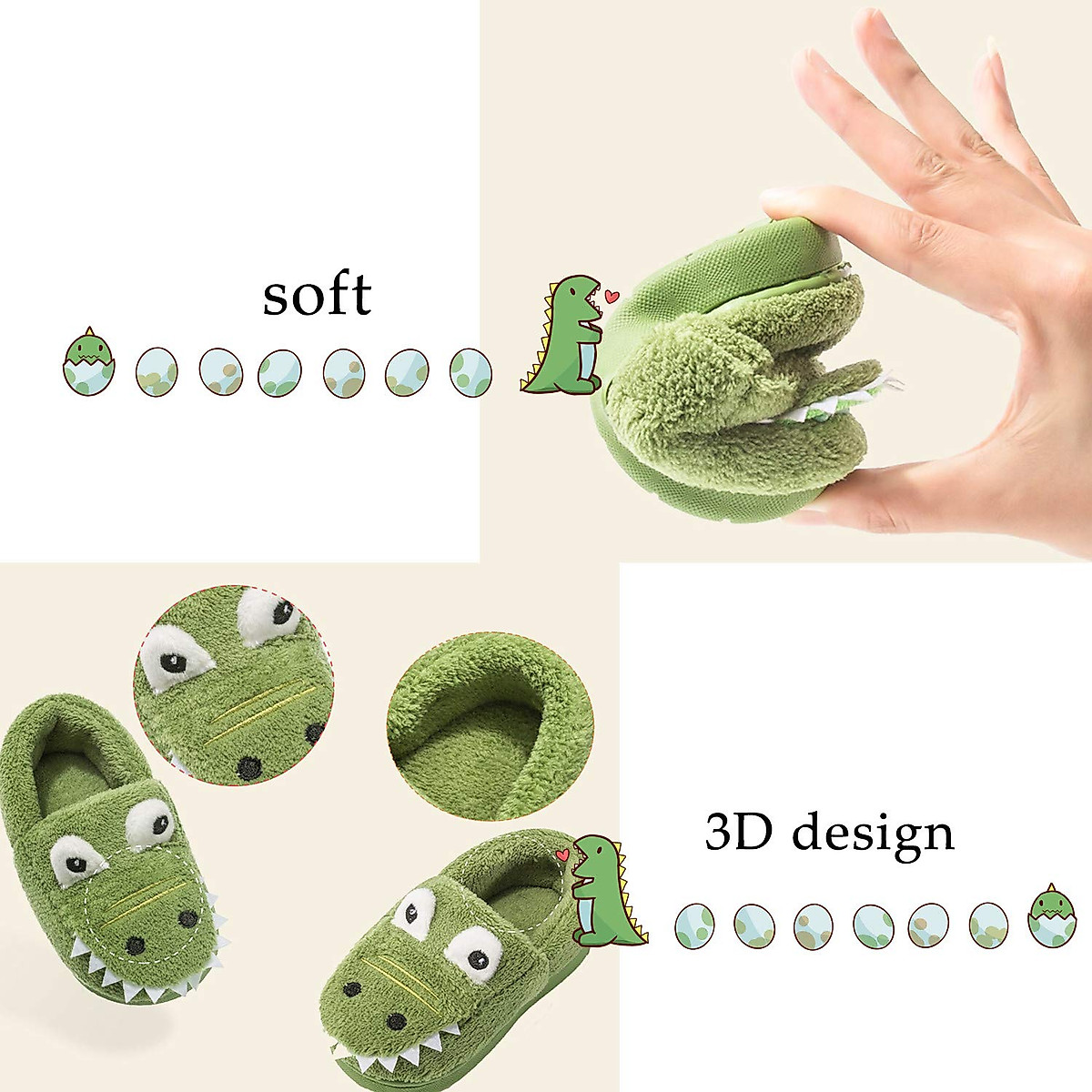 JACKSHIBO Girls Boys Home Slippers Warm Dinosaur House Slippers For Toddler Fur Lined Winter Indoor shoes Green 6-6.5 Toddler