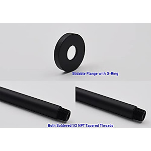 Aquaiaw Shower Arm and O-Ring Flange, 6 inch, Solid Brass, Round, Both Soldered 1/2 NPT Tapered Threads, Straight Shower Arm Extension, Ceiling Shower Head Arm for Rainfall Shower (Matte Black)