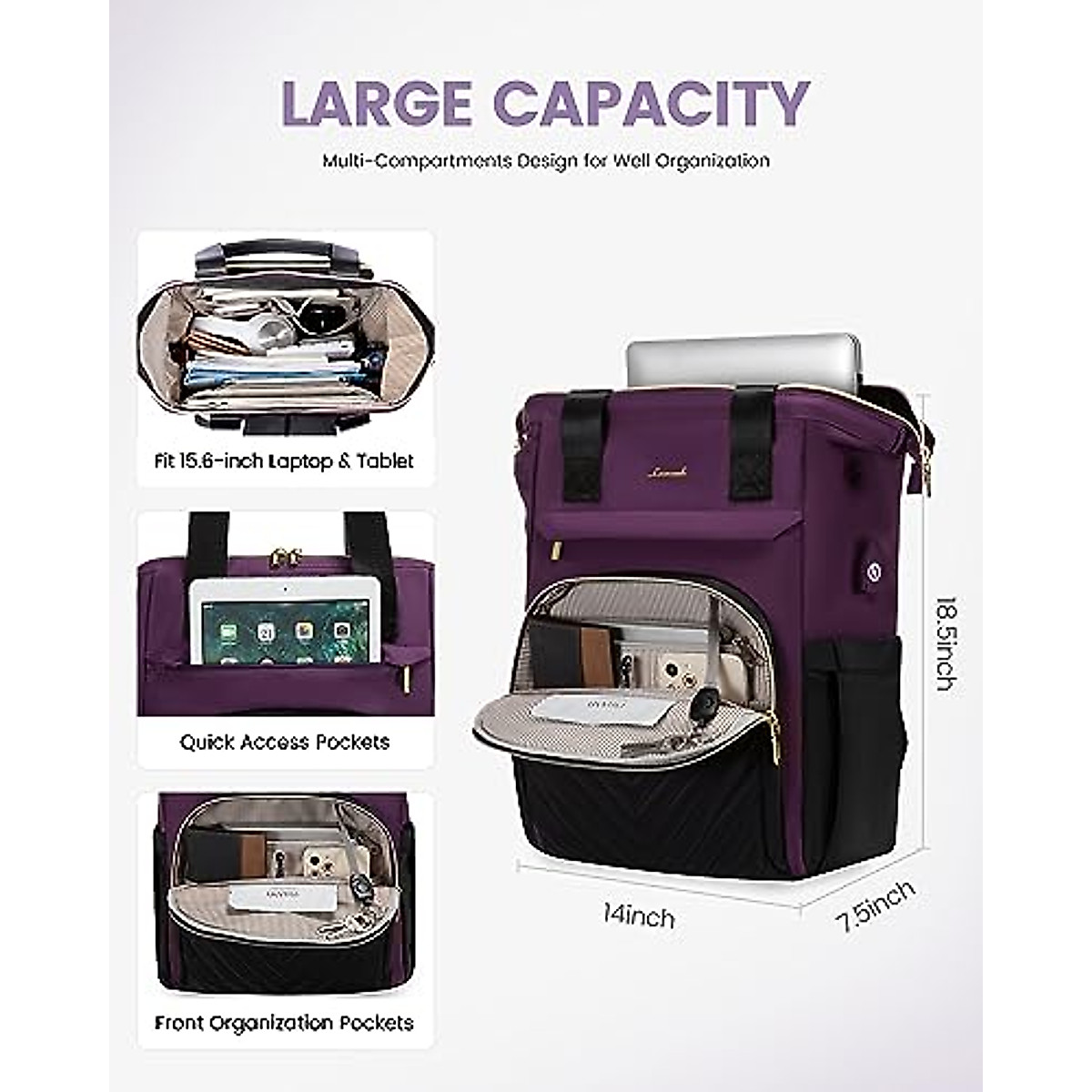 LOVEVOOK Laptop Backpack for Women, 17.3 Inch Work Laptop Bag，Waterproof Teacher Nurse Bag with USB Port,Fashion Travel Bag Business Computer Backpack Purse