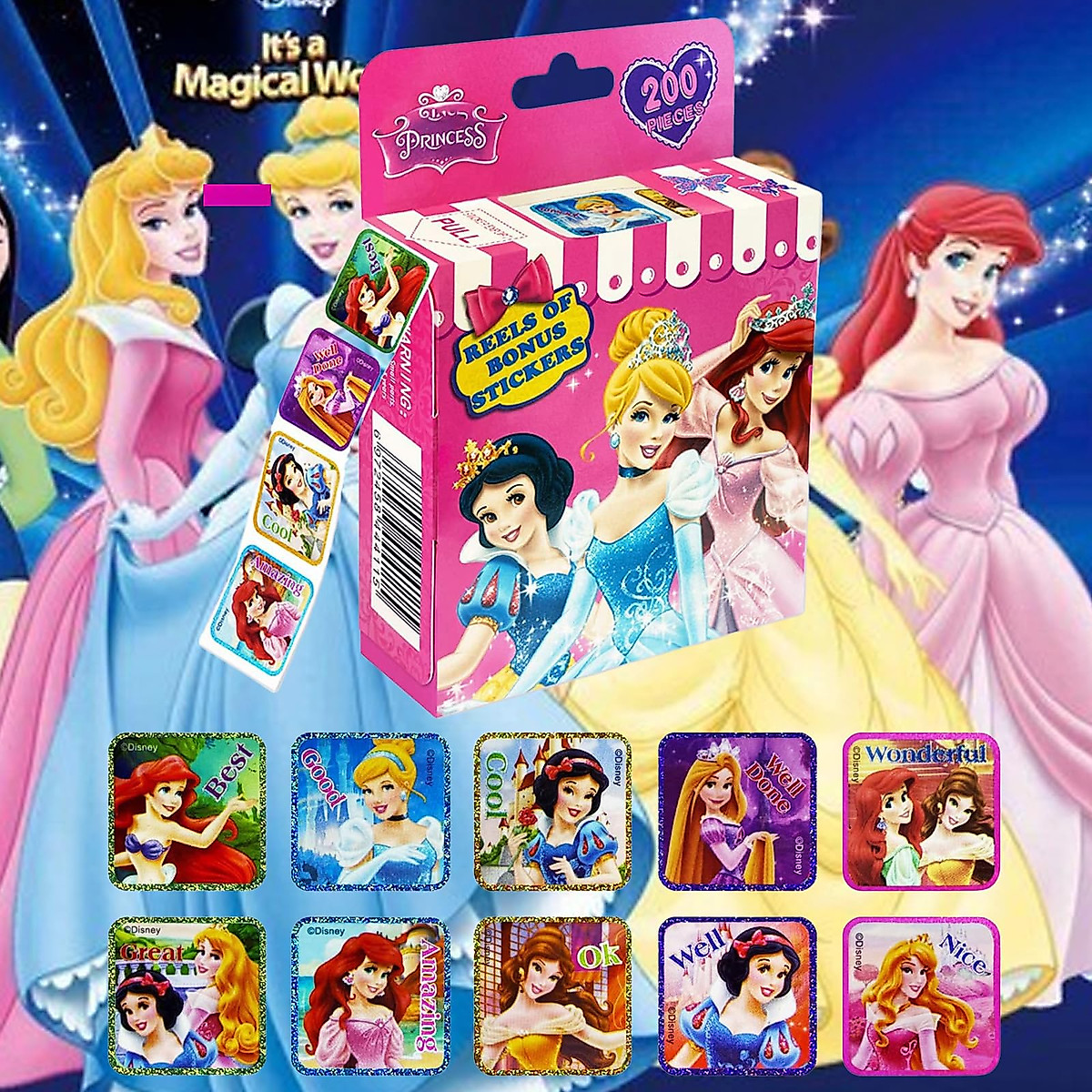 2 Pack Princess Stickers, Kids Stickerin 20 Designs, 400 Pcs Self Adhesive Label Roll Stickers Laptop, Water Bottle, Phone, Cute Animal Stickers for Kids Teens