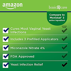 Amazon Basic Care Miconazole Nitrate Vaginal Cream (4 Percent), 3-day Yeast Infection Treatment for Women, 0.18 ounce - 3 Count(Pack of 1)