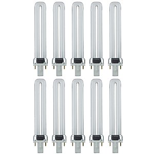 Sunlite Compact Fluorescent PL 2-Pin Single U-Shaped Twin Tube, 9 Watts, 120 Volts, 530 Lumens, 2700K Soft White, 2-Pin G23 Base, 10 Pack