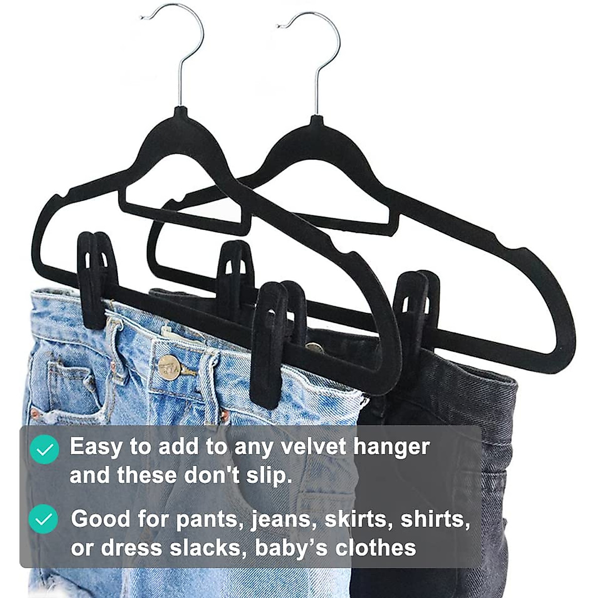 TOFIIGREM Black Velvet Hangers Clips 40 PCS, Pants Hangers Velvet Clips Easily Add to Velvet Hanger, Skirt Suit Pants Clothes Velvet Hangers, Baby Kids Hangers Clips