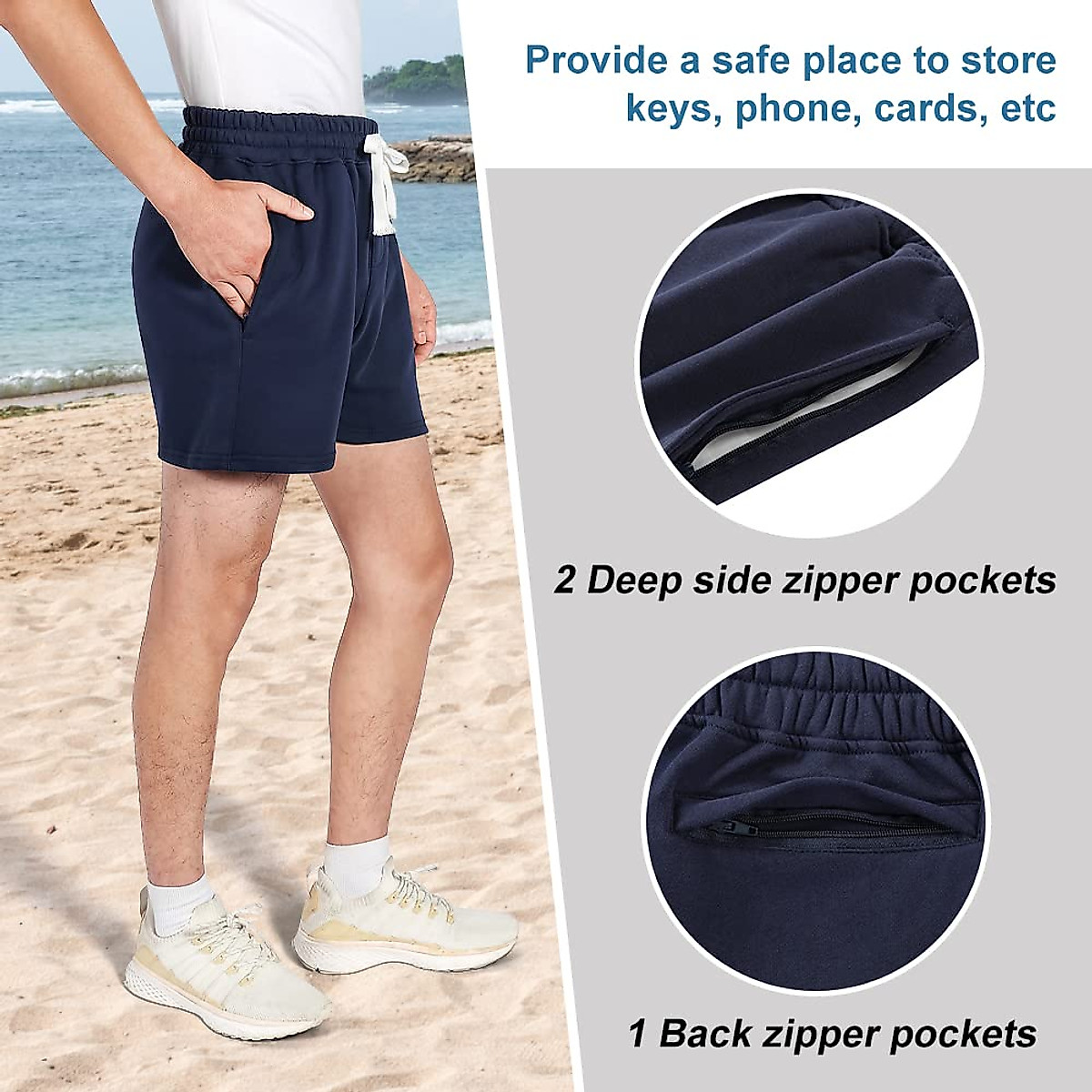 NIMENJOJA Mens 5.5" Athletic Gym Shorts Cotton Jogger Workout Lounge Jersey Zipper Pocket Sweat Shorts Navy Blue