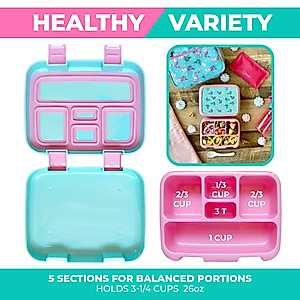 kinsho Bento Lunch Box. Insulated Bag, Water Bottle & Ice Pack Set for Kids, Toddlers, Girls. 5 Portion Sections, Removable Tray, Pre-School Toddler Daycare Lunches, Snack Container, Aqua Cat Mermaid
