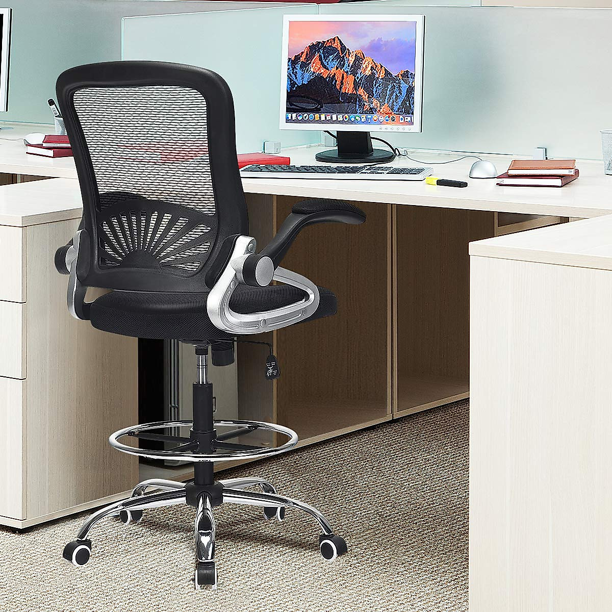 POWERSTONE Drafting Chair, Tall Office Chair for Standing Desk with Footrest and Flip-Up Armrests Ergonomic Adjustable Height Stool Computer Chair