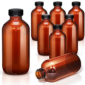 Nuenen 16 Pack 8 oz Amber Boston Round Glass with Black Poly Cone Cap Boston Bottle Brown Amber Glass Bottle for Homemade Vanilla Extract Essential Oils Lab Chemicals