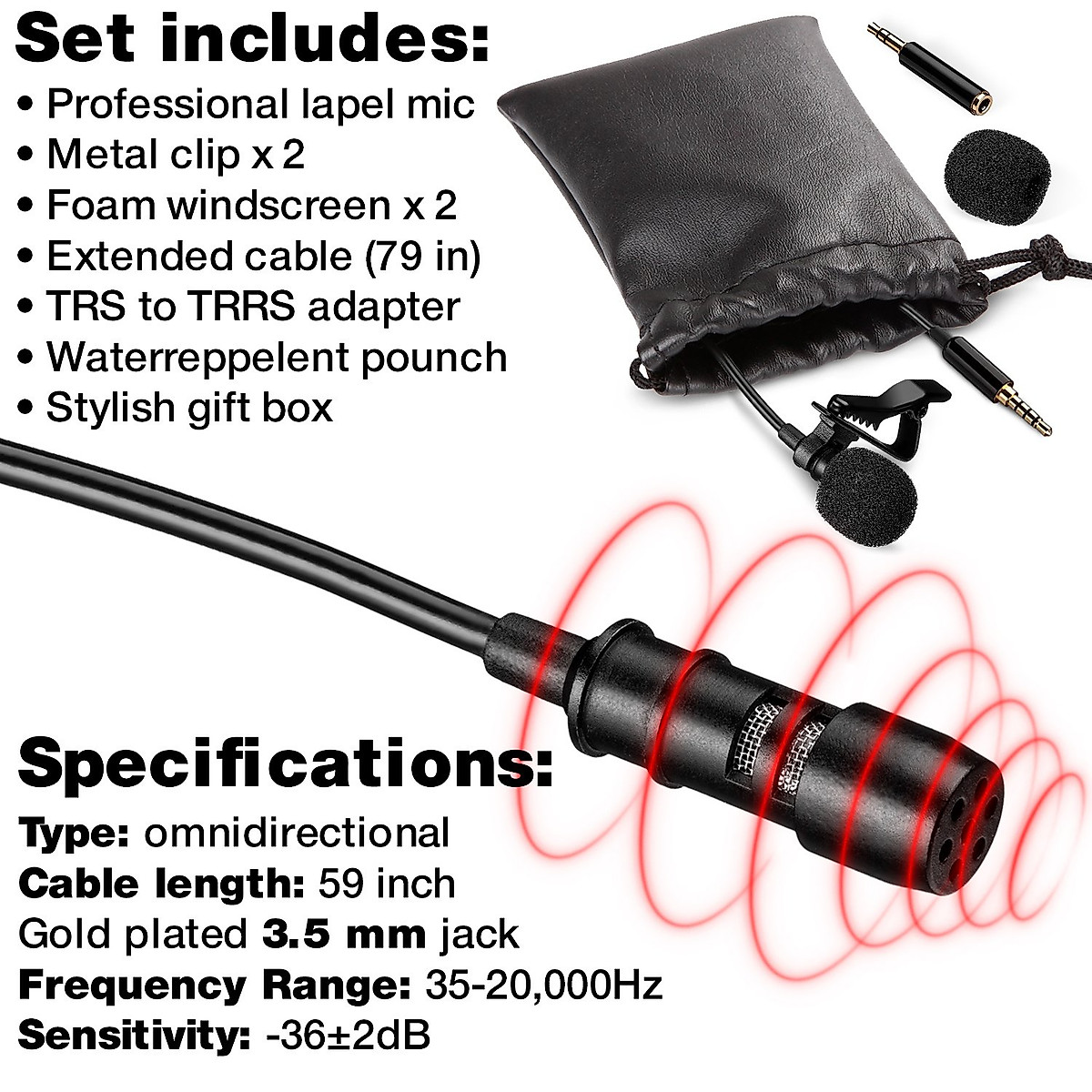 Lavalier Microphone - Professional Lapel Mic For Recording Interview, Podcast, Speech, Vlog, Video, Youtube - External Mic For IPhone, Android, Laptop - Pro Grade Lapel Microphone - Clip On Microphone