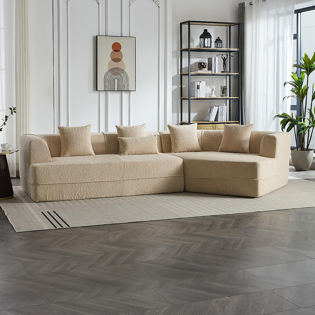 Aoowow 126" Modular Sectional Sofa Couch, Modern Minimalist Sofa Comfy Upholstered L Shaped Sofa with 5 Pillows, Boucle and Anti-Wrinkle Fabric, 3 Seater Couch for Living Room, Apartment, Camel