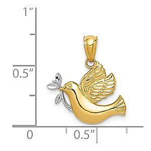 Solid 14k Yellow Gold Two Toned Dove Olive Branch Pendant Charm - 22mm x 20mm