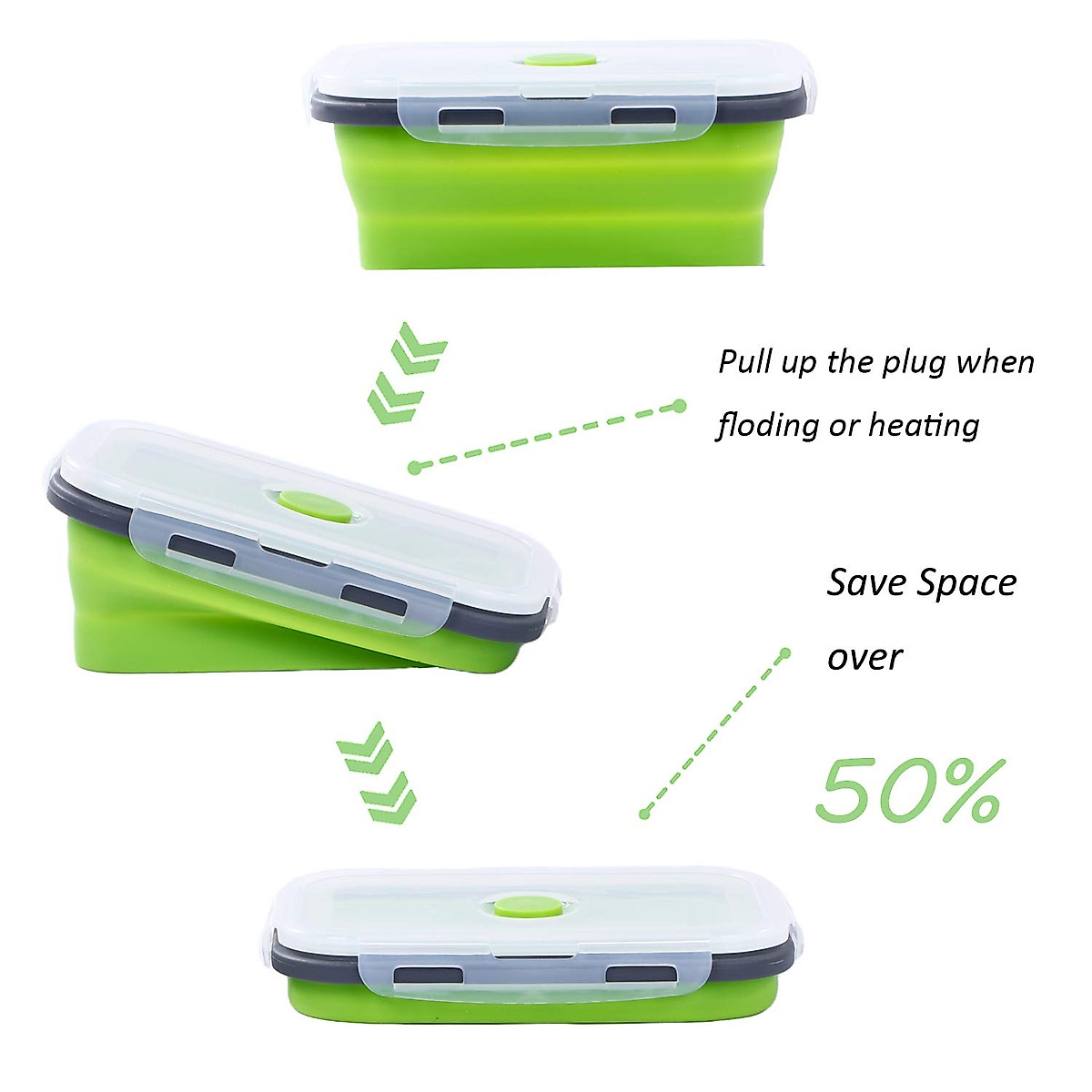 Collapsible Silicone Food Storage Containers with Airtight Lids, Set of 4 Bento Box for Kids Adults,Microwave and Freezer and Dishwasher Safe, with Vent Valve, BPA Free (Green, 500ml and 800ml)