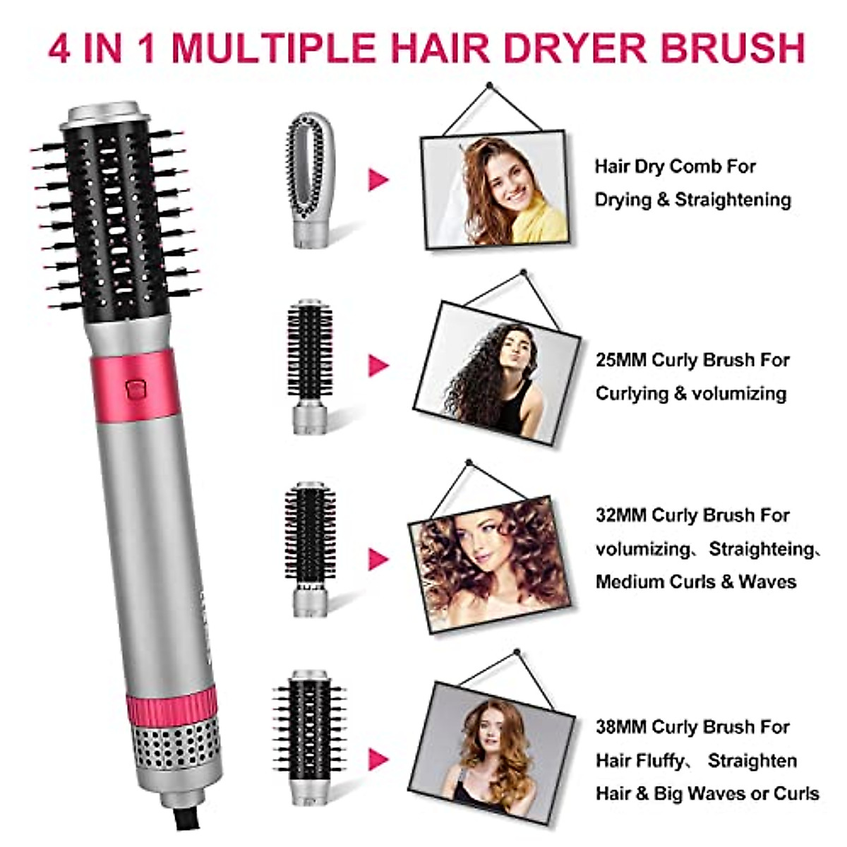 Hair Dryer Brush, Upgraded Detachable Hot Air Brush Set, with 4 Brush Heads Hair Dryer and Volumizer, Negative Ion Hair Dryer Brush for Reducing Frizz and Static